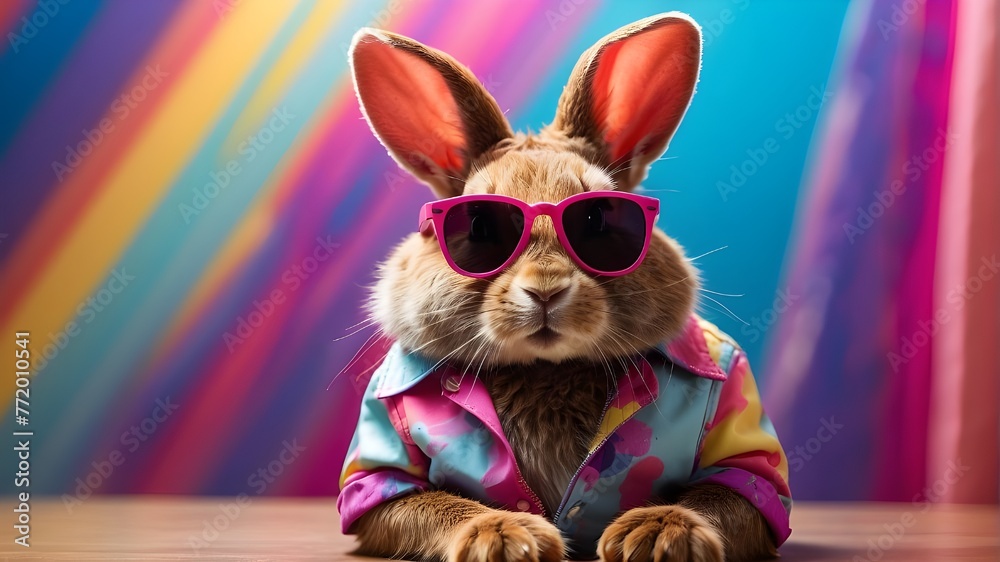 "Cool bunny wearing sunglasses stands in front of a vibrant and ...