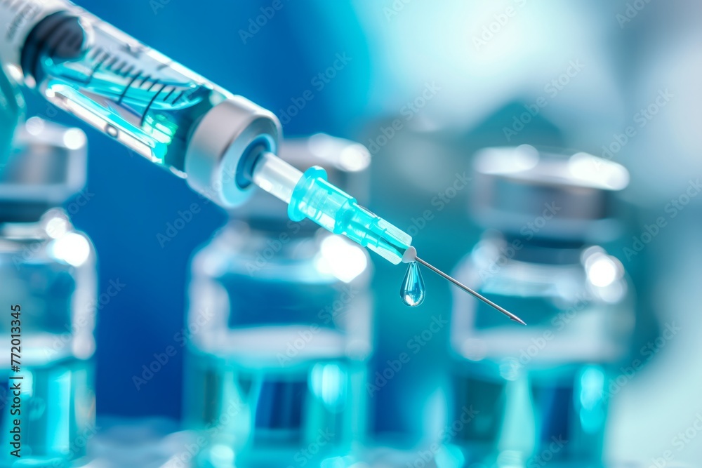 dripping syringes in vials filled with transparent colorless fluid ...