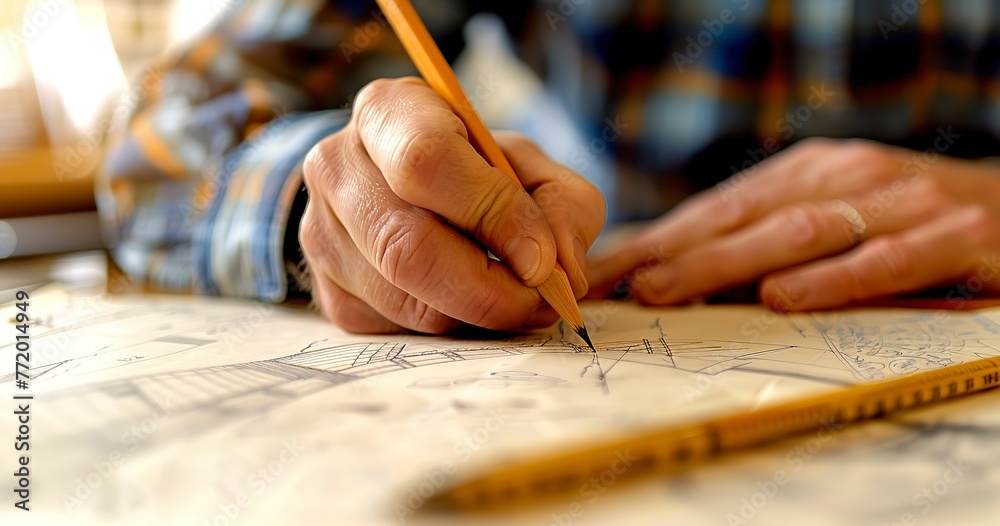 Engineer's hand drafting a bridge plan, close-up, natural light, wide ...