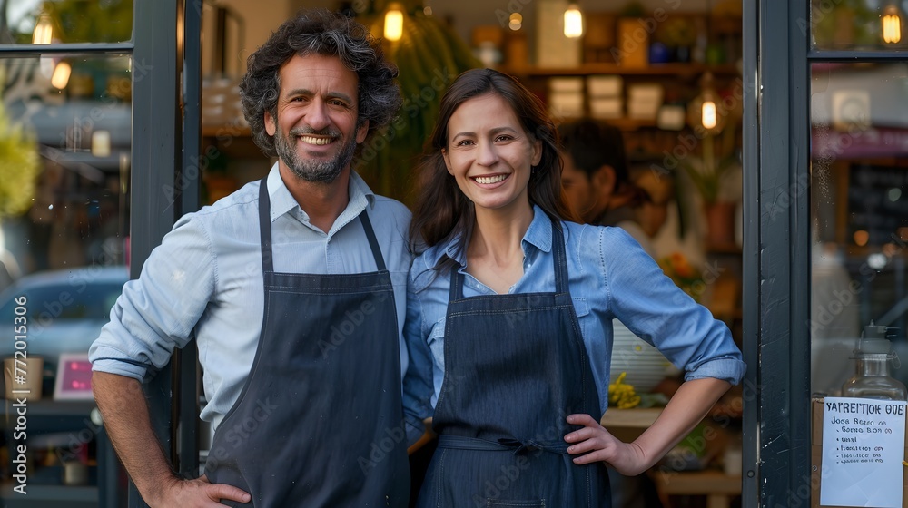 Smiling Team of Restaurant Owners in Aprons Standing Proudly. A ...