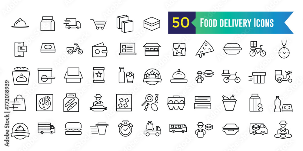 Food delivery service icons set. Outline set of food delivery service ...
