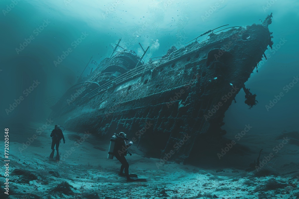 Scuba divers exploring an underwater shipwreck, emphasizing the mystery ...