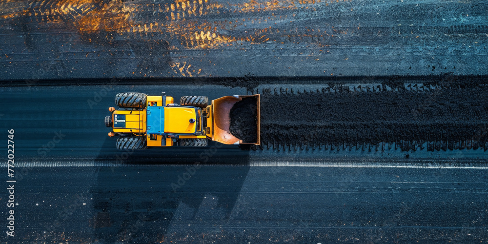 aerial view of the asphalt paver on asphalt road,Construction site is ...