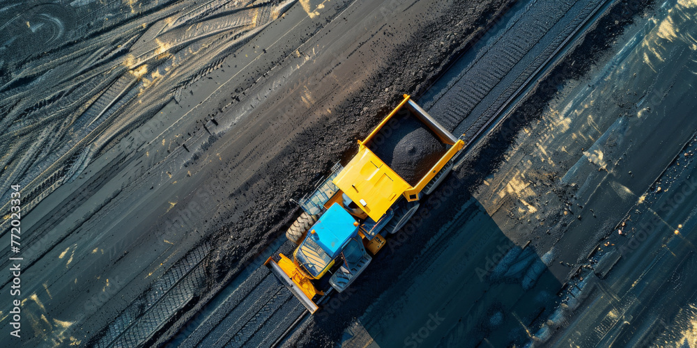 aerial view of the asphalt paver on asphalt road,Construction site is ...