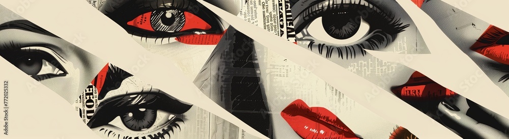 Abstract collage of facial features. The artwork showcases fragmented ...