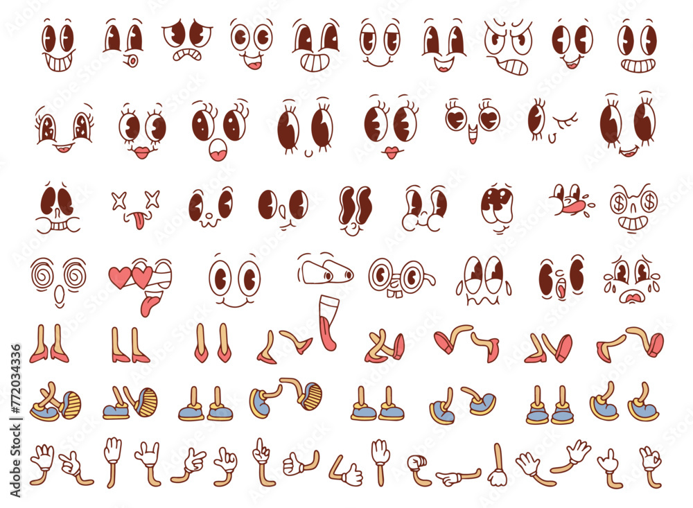 Vintage cartoon hands in gloves and feet in shoes.Comic hand gestures ...