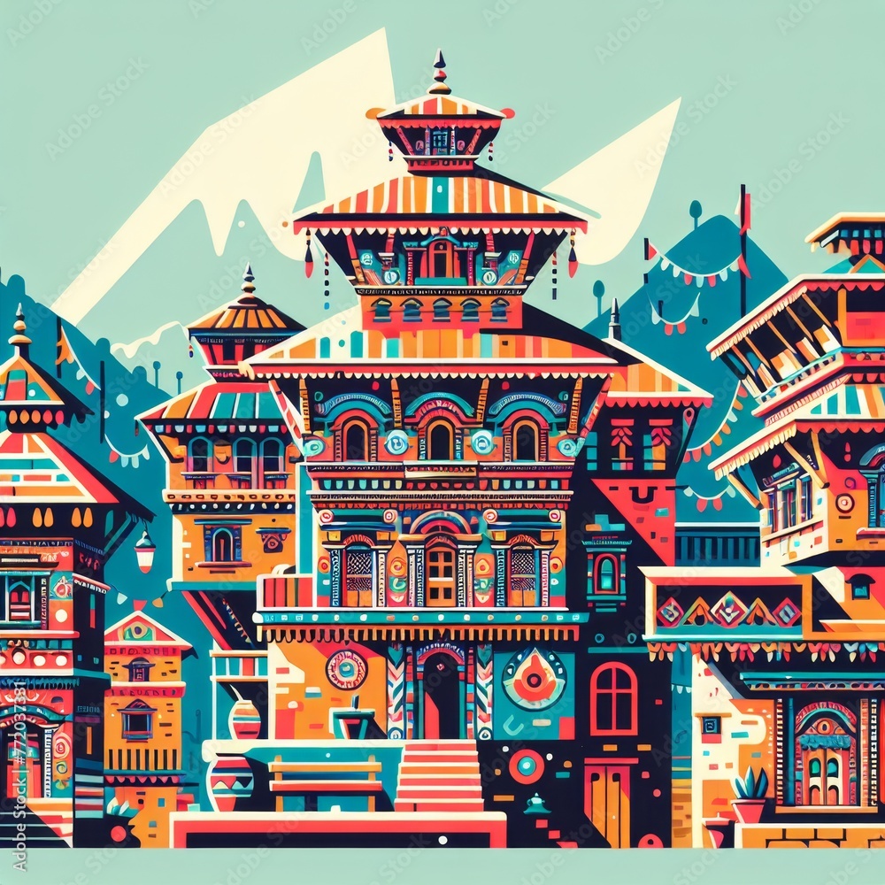 People celebrating festival in front of Nepali temple, traditional ...