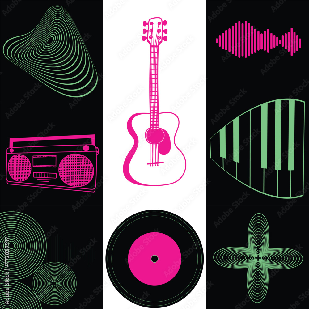 Abstract art composition with musical instruments and geometric shapes ...