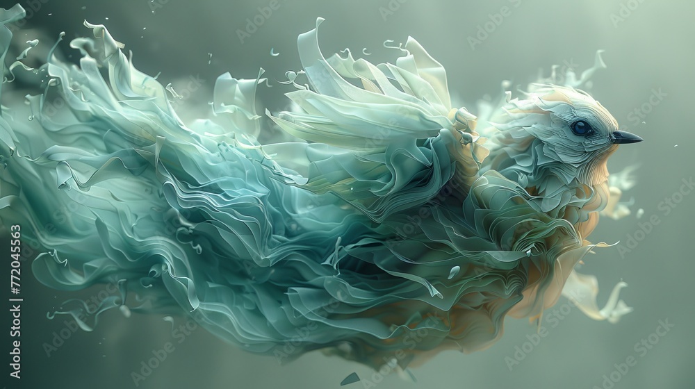 The abstract artwork resembles a flying bird. Green and white add depth ...