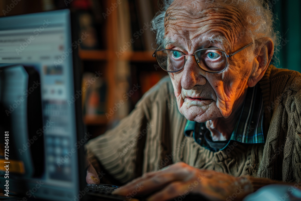 An old man with glasses is looking at a computer screen. He is in a ...
