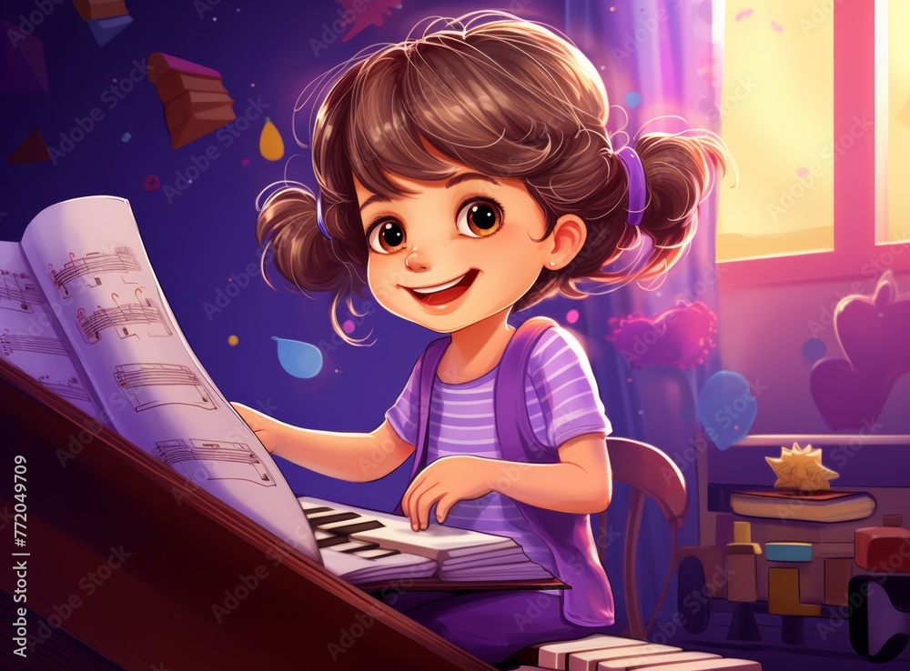 Little Smiling girl playing piano indoors with piano sheet by Digital ...
