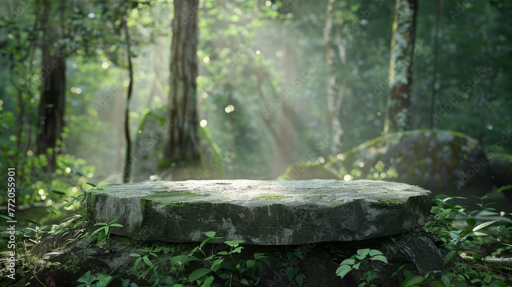 Mystical forest with a stone platform - Lush green forest setting with ...