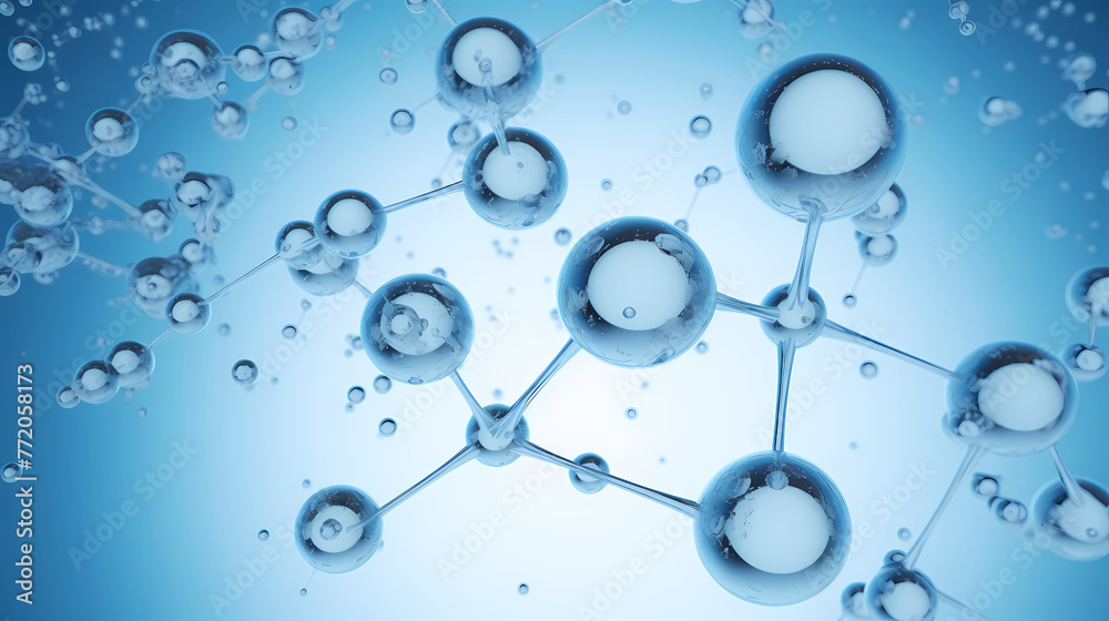 Ozone molecular structure with transparent bubbles and blue background ...