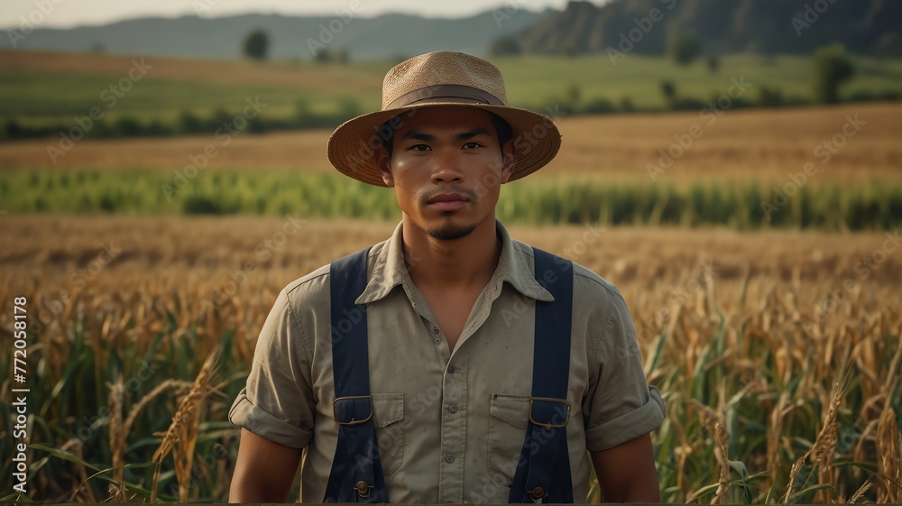 Portrait of young filipino wheat farmer on crops farm land field ...