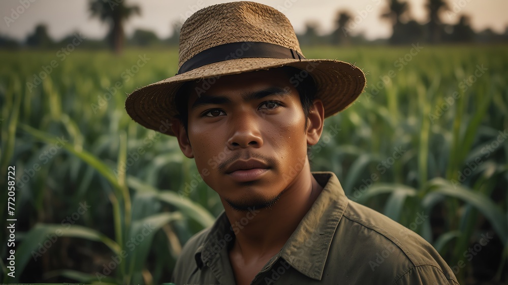 Portrait of young sugar cane filipino farmer on crops farm land field ...