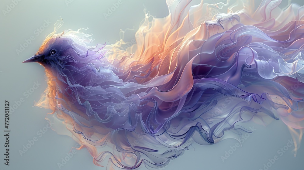 The abstract artwork resembles a flying bird. purple and white colors ...