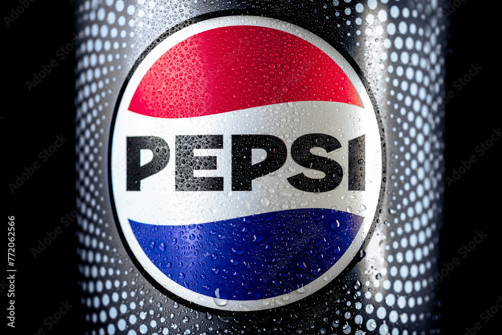 PEPSI bottle with wet drops. Wet PEPSI logo on a plastic bottle Stock ...