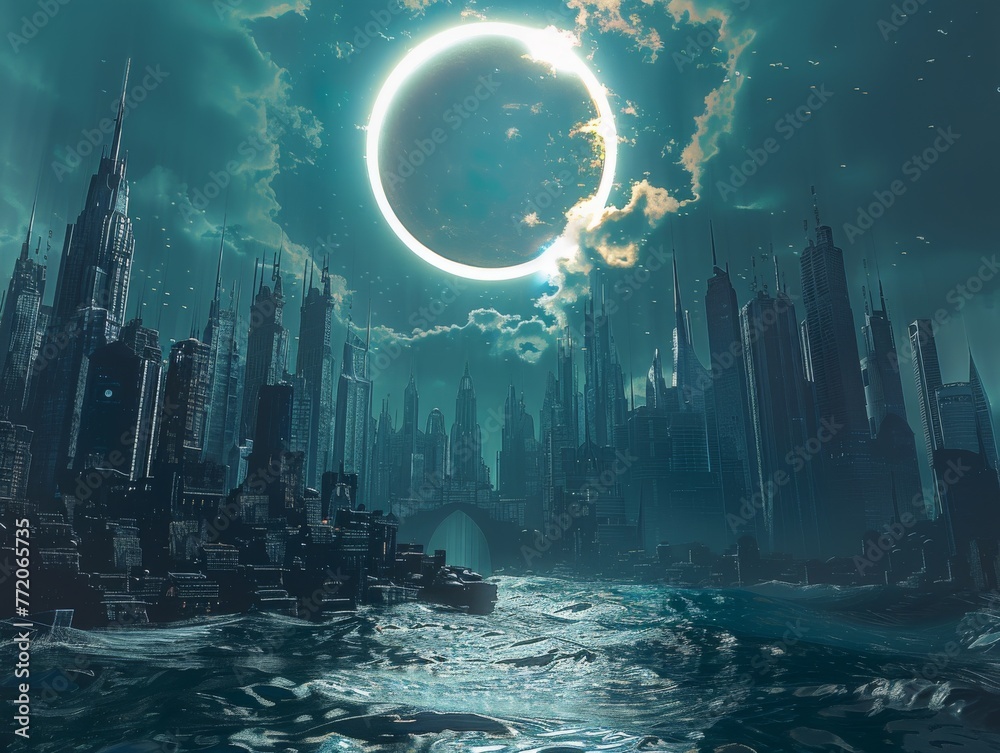 Solar eclipse observed from an underwater city on Earth Stock Photo ...