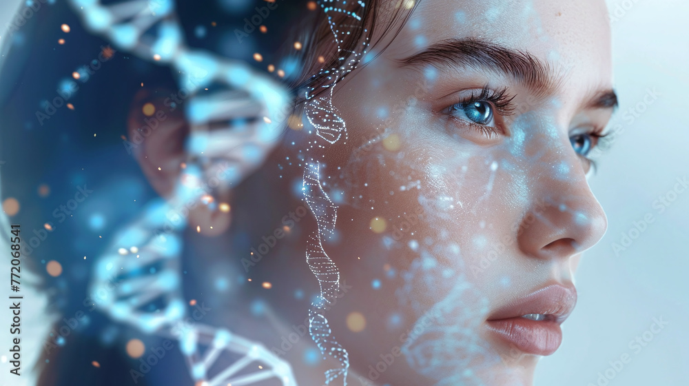 illustration of beautiful young woman with flawless skin, with DNA ...