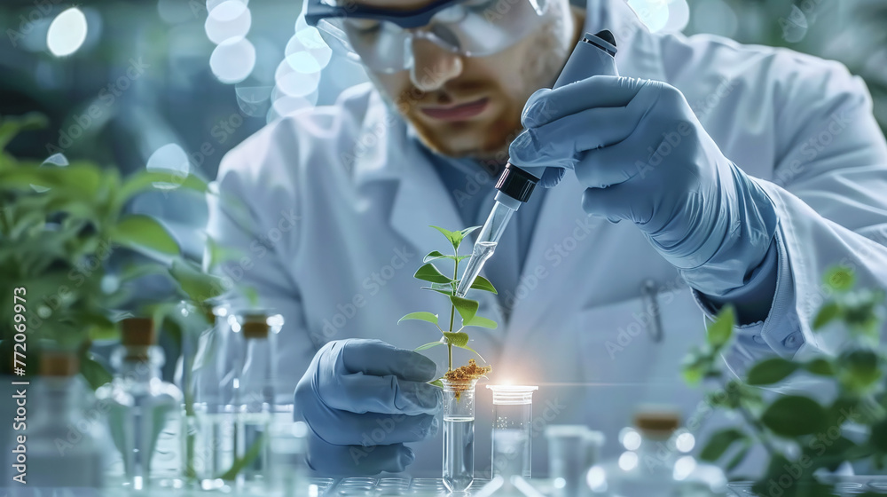 Modern laboratory biologist conducts experiments synthesizing compounds ...