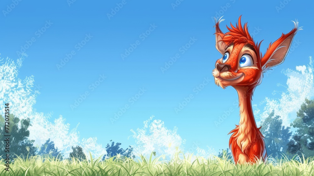 A cartoon character, in tight focus, sits amidst a lush green field of ...