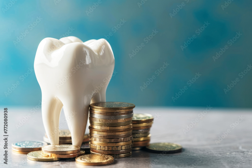 A tooth is on top of a pile of coins. The coins are of different sizes ...