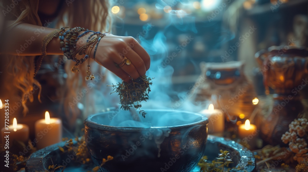 Witch making potion, female hands adds herbal in to boiling cauldron ...