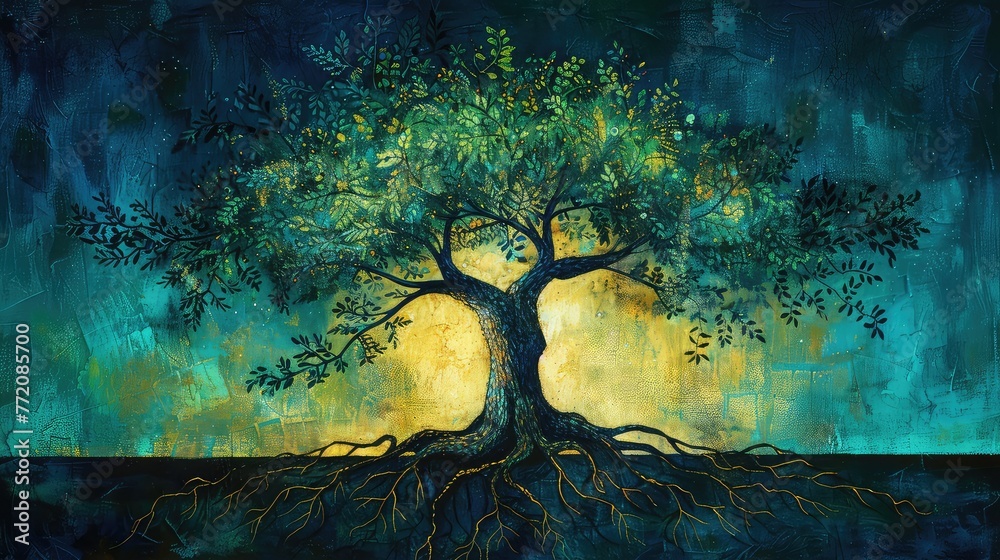 This striking painting portrays the Tree of Life, its robust branches ...