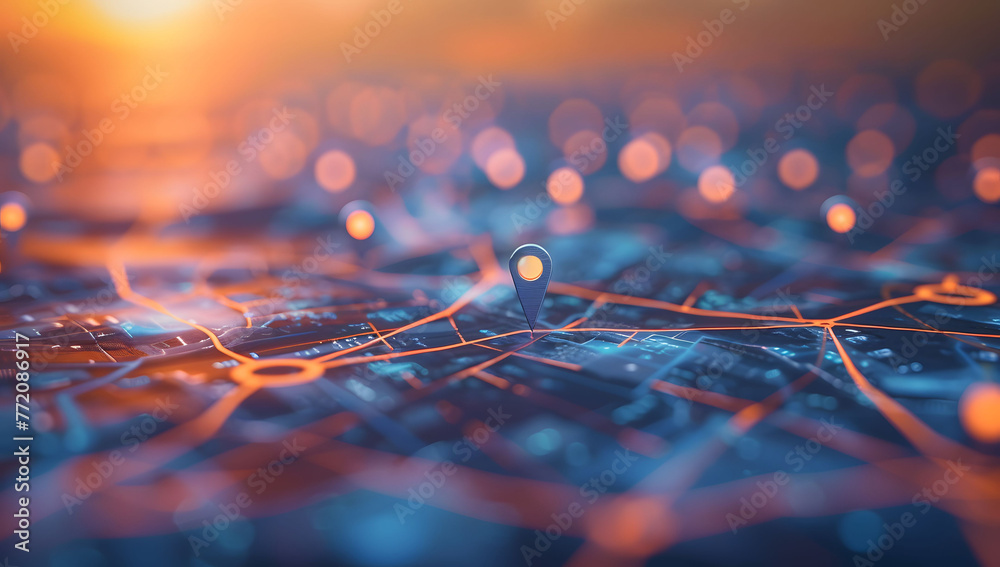 A digital map featuring interconnected location pins, symbolizing ...