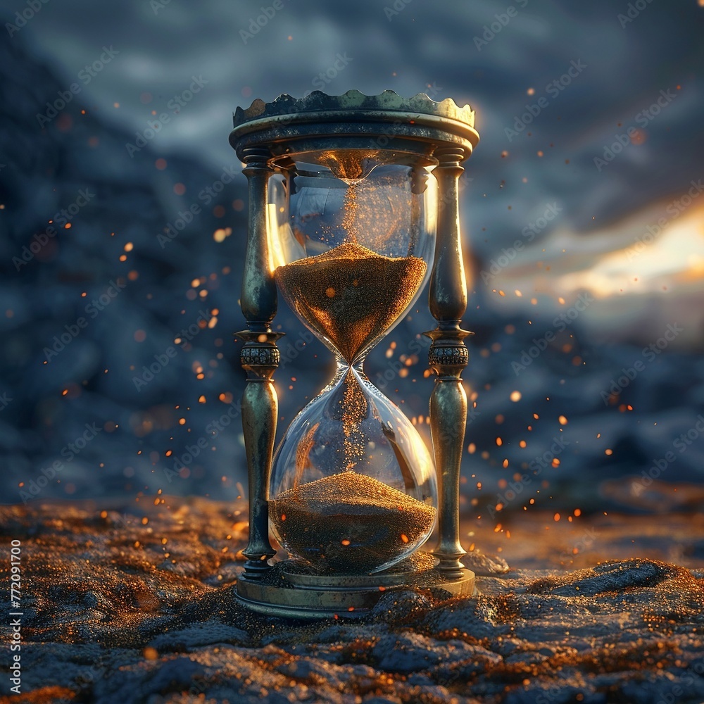 Timereversing hourglass, sands of past and future blending, twilight ...