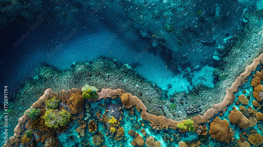 Overhead shot of a coral reef bordering the deep blue sea, highlighting ...