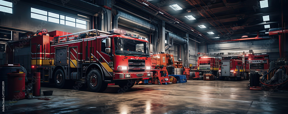 Firetruck ready inside a fire station bay foto de Stock | Adobe Stock