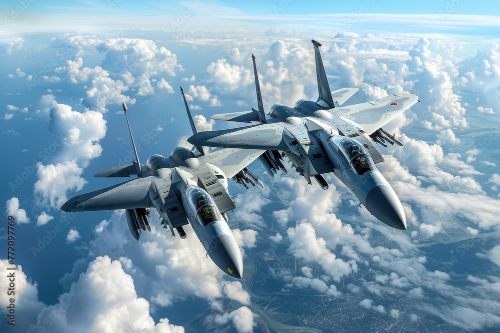 Two military fighter jets conducting combat maneuvers at high speed in ...