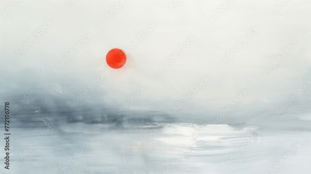 Abstract minimalist landscape painting showing a red sun amidst a foggy ...