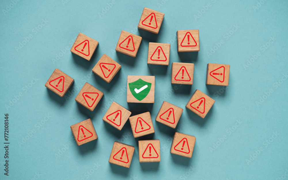 Green security safety with check mark icon among exclamation warning ...