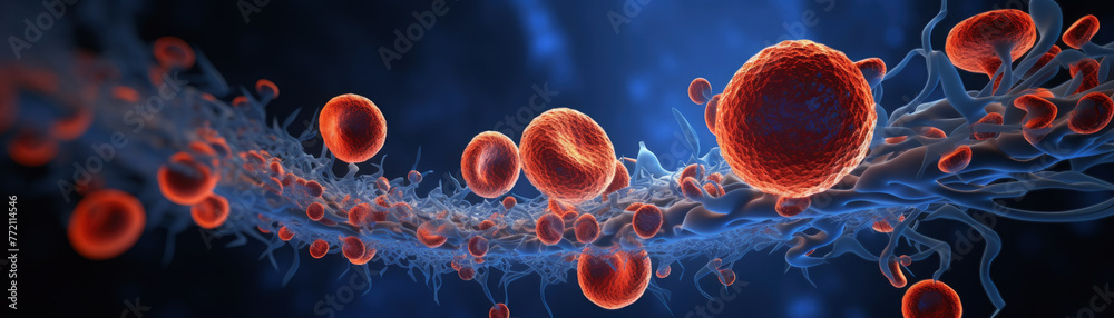 A close up of red blood cells in a blue background. The red blood cells ...