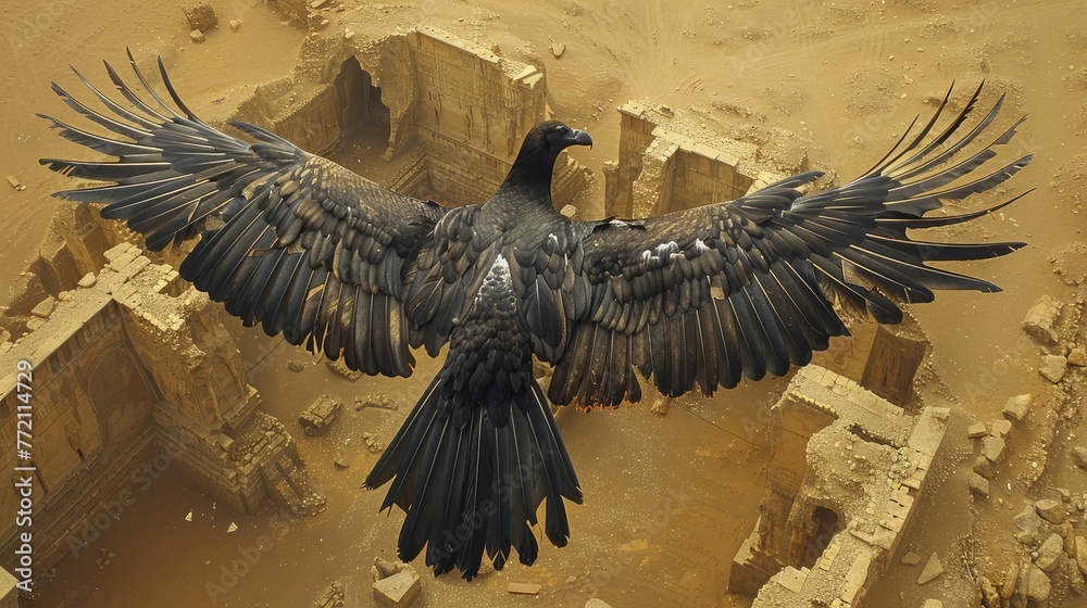 Condor with its wings spread wide, casting a shadow over ancient ruins ...