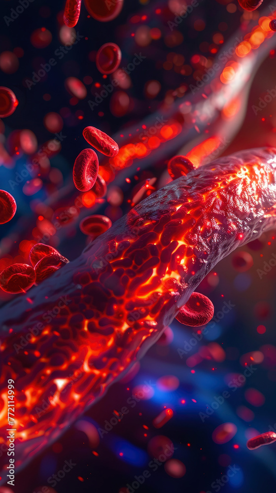 A red and black image of a blood vessel with red blood cells flying out ...