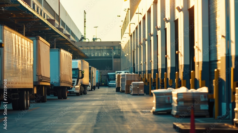 Loading dock at sunset with multiple trucks and freight ready for ...