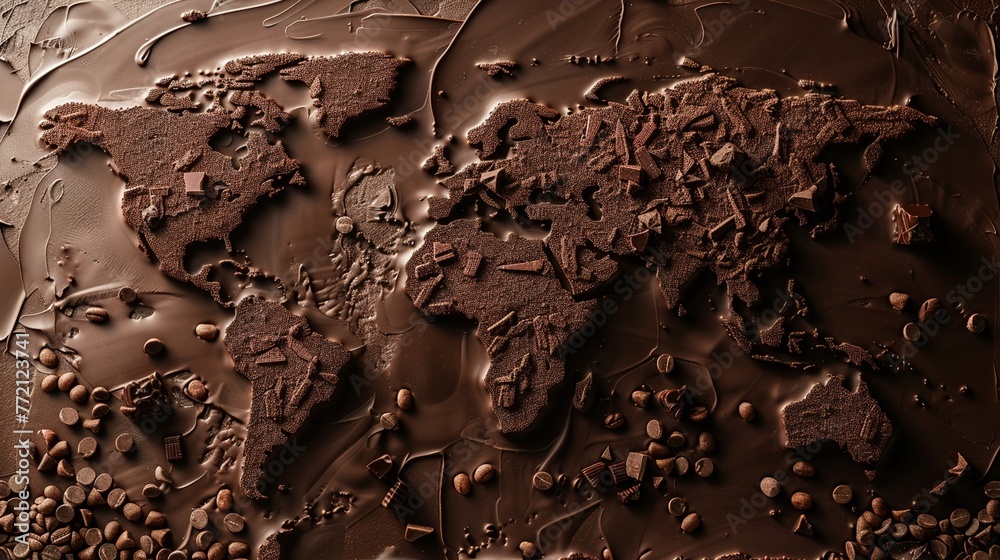 Chocolate world, continents enrobed in cocoa, high angle, concept of a ...