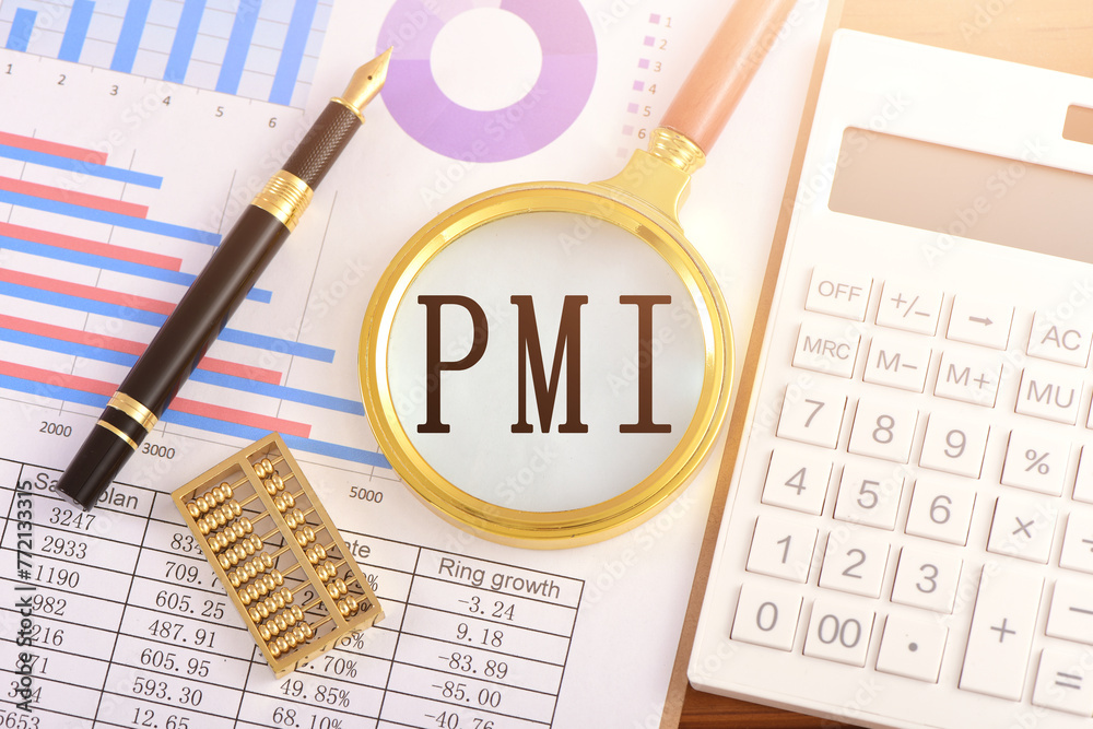 The magnifying glass on the chart is printed with the letter PMI Stock ...