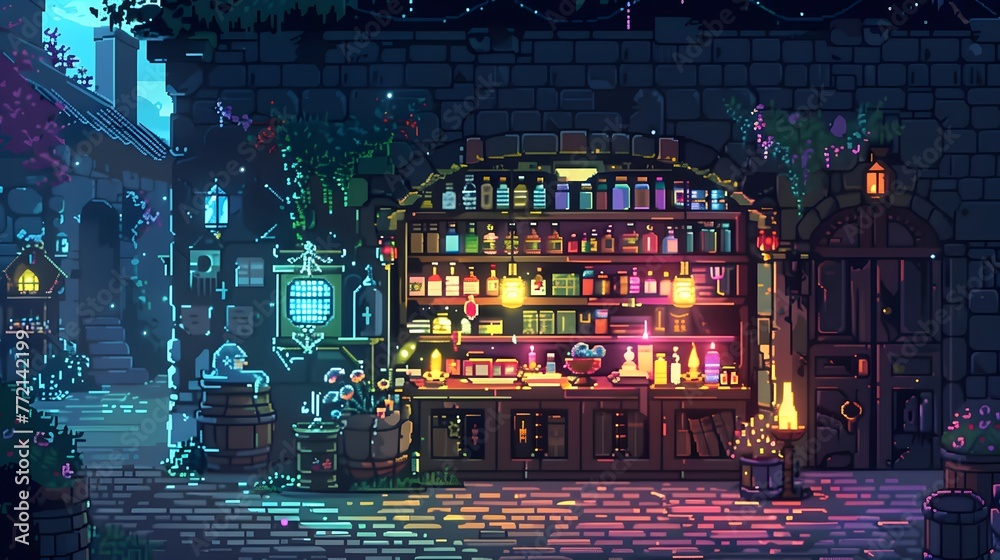 Step into a nostalgic realm of pixel art as a fantasy village comes to life under the shimmering ...