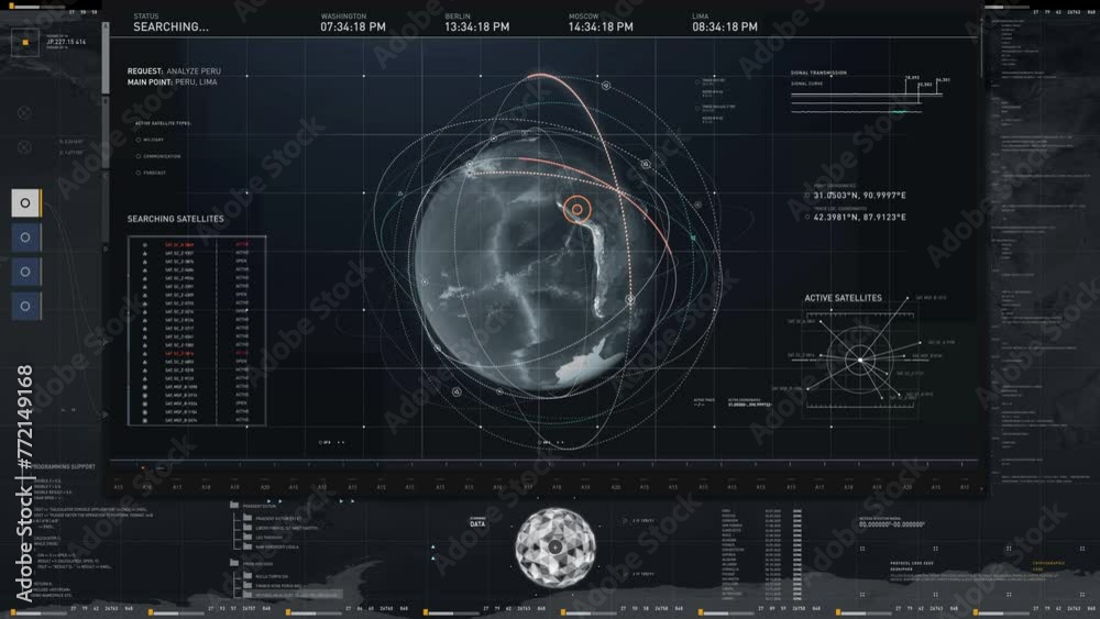 Spy system scanning the 3D projected map of the earth. Spy system ...