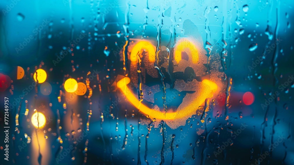 view from a Window to a slightly foggy and mildly rainy day, a smiley ...