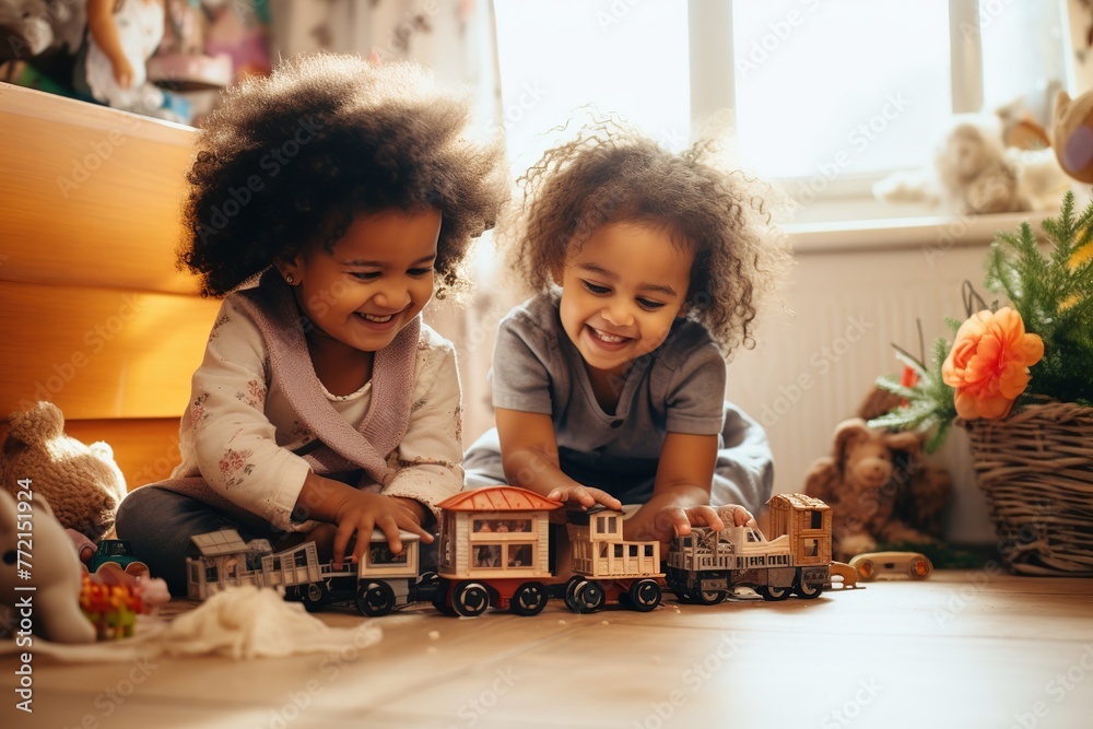 Two African-American girl daughters play a model wooden train together in the living room ...