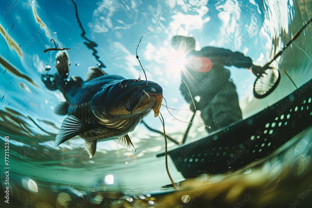 catfish underwater. above the water there is a fisherman in a tray with ...