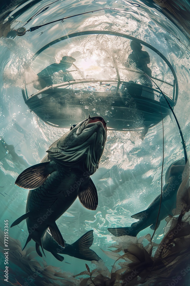 catfish underwater. above the water there is a fisherman in a tray with ...