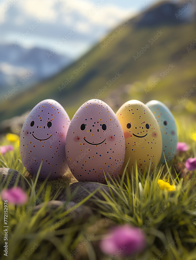 Bunte lustige Ostereier mit Gesicht lachen auf der Wiese als Cartoons ...