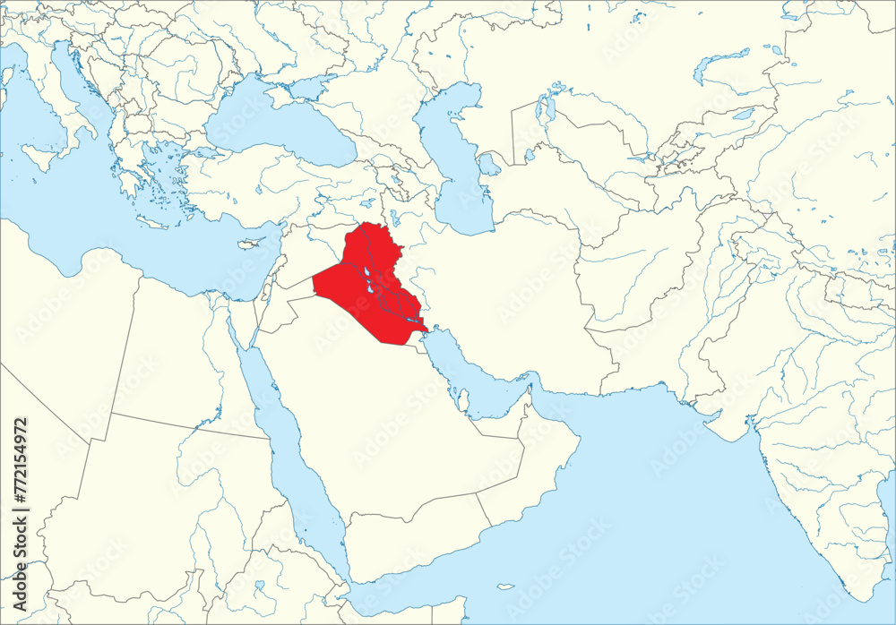 Red detailed blank political map of IRAQ with black national country ...