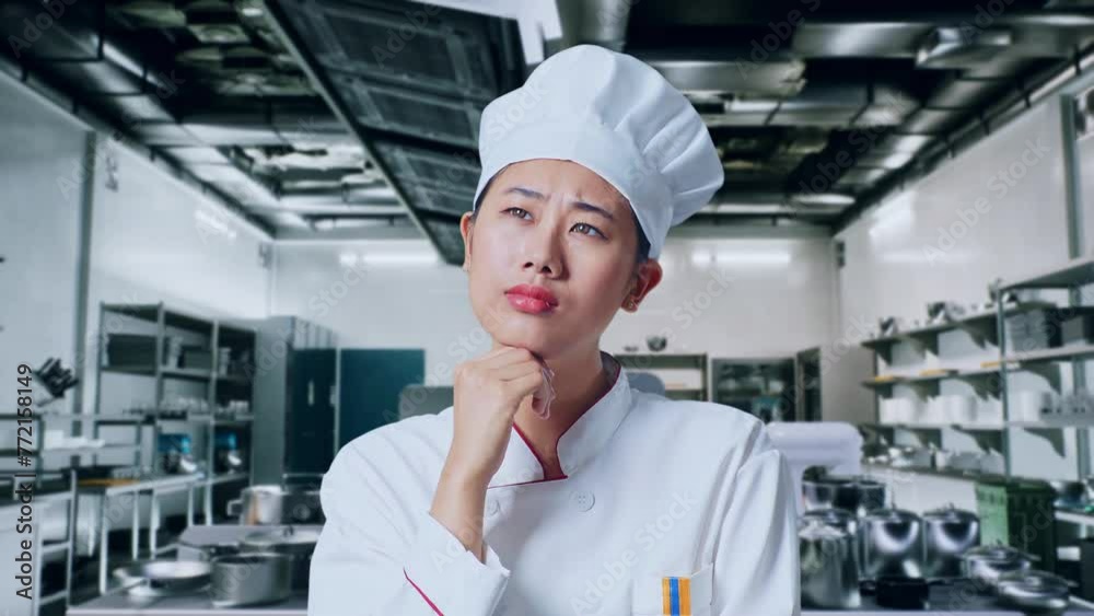 Close Up Of Asian Woman Chef Thinking About Something And Looking ...